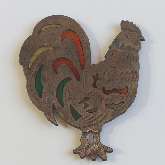 Source Unknown | Art | Rooster Trivet Cast Iron Stained Glass Inlay ...